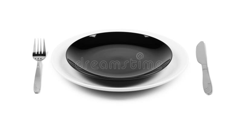 Two Stacked Black and White Plates with Fork and Knife, Isolated on ...