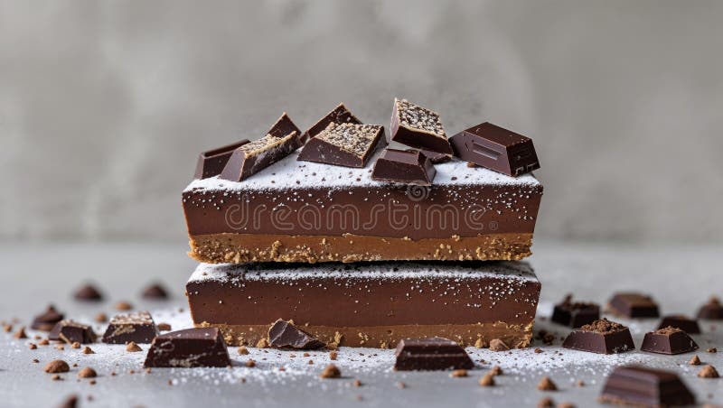 Two Stacked Chocolate Desserts Topped with Powder and Chocolate Pieces ...
