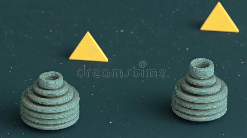 Two Stacked Cone Shapes and Yellow Triangles on a Textured Surface ...
