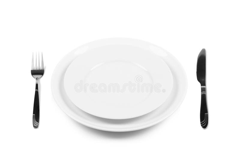 Two Stacked White Plates with Fork and Knife, Isolated on White ...