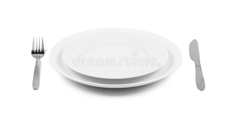 Two Stacked White Plates with Fork and Knife, Isolated on White ...