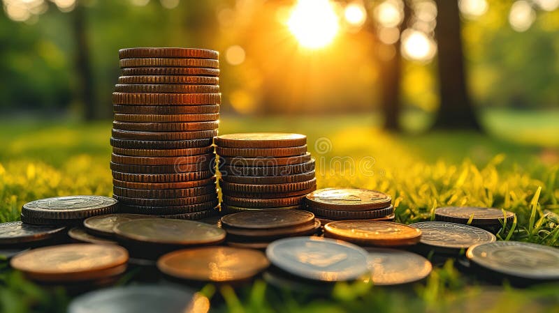 Two Stacks of Coins on Grass at Sunset, Symbolizing Growth and Savings ...
