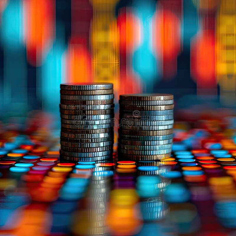 Two Stacks of Coins are Placed on a Vibrant Surface with Various Colors ...