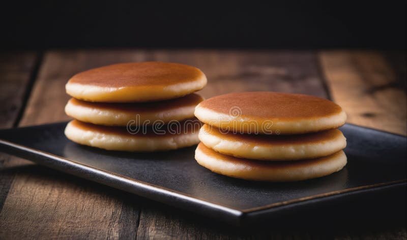 Two Stacks of Japanese Pancakes Sit on a Black Plate Stock Photo ...
