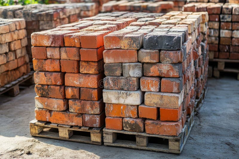 Two Stacks of Old Bricks are Neatly Arranged on Wooden Pallets ...