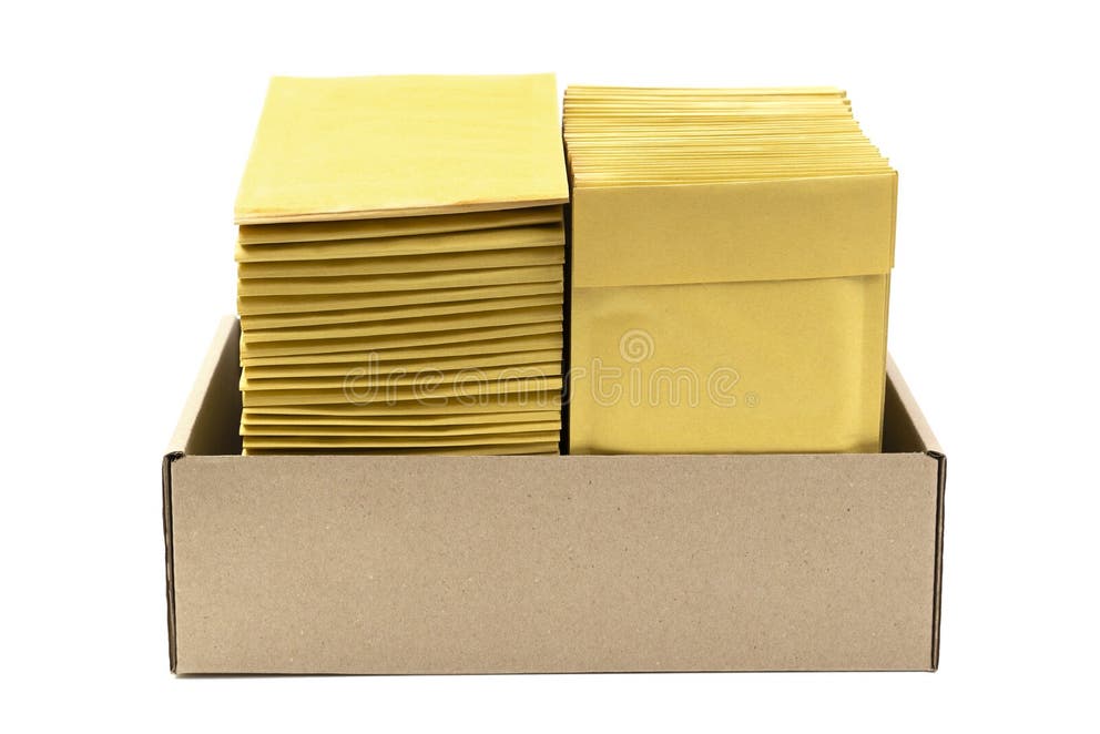 Two Stacks of Padded Bubble Envelopes in a Box Isolated on White Stock ...