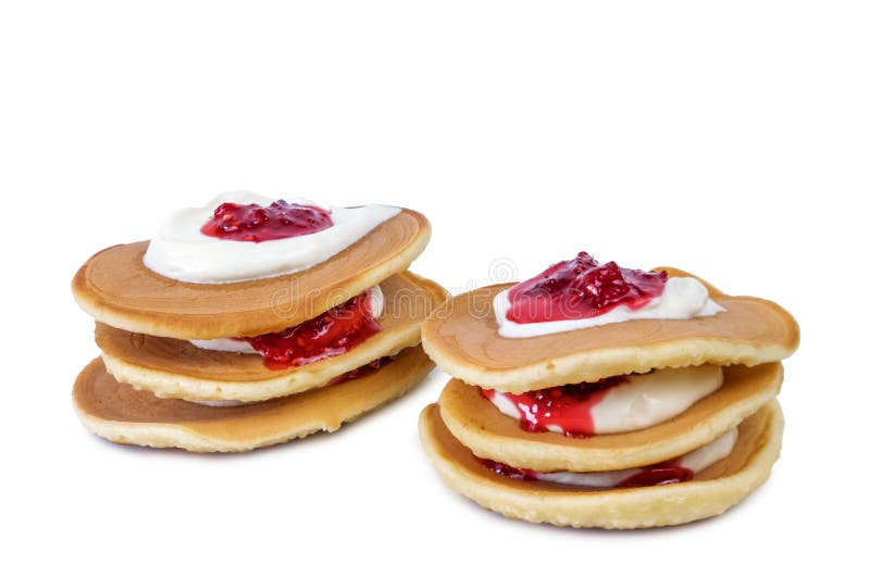 Stacks of Pancakes with Sour Cream and Raspberry Jam Isolated on White ...