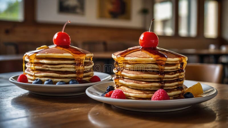 Two Stacks of Pancakes Topped with Cherries and Syrup, Surrounded by ...