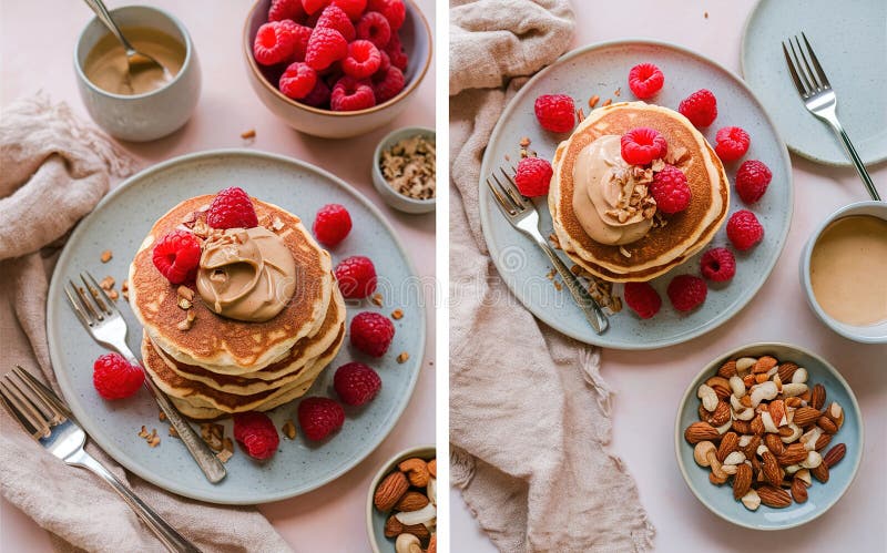 Two Stacks of Pancakes Topped with Peanut Butter, Raspberries, and ...