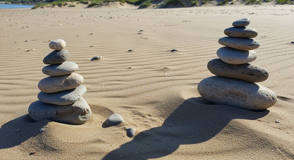 Two Stacks of Smooth, Flat Pebbles are Meticulously Balanced on a Sandy ...