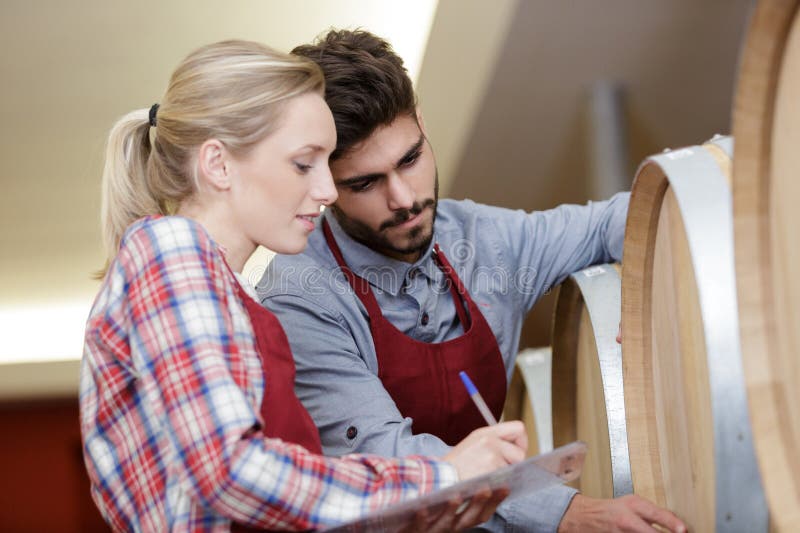 Two Staff Inspecting Barrels in Wine Factory Warehouse Stock Photo ...
