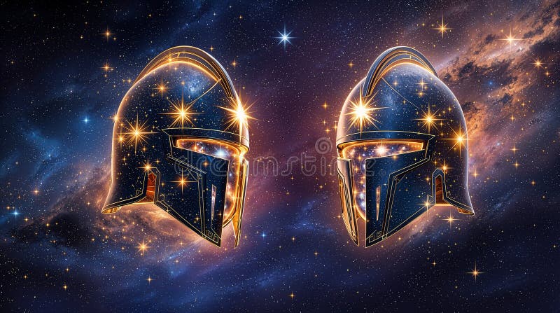 Two Star Forged Glowing Knight Helmets Floating in the Vastness of ...