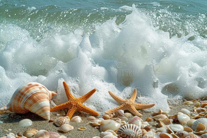Two Starfish Lie beside a Sea Shell on the Sandy Shore of a Beach, Wave ...