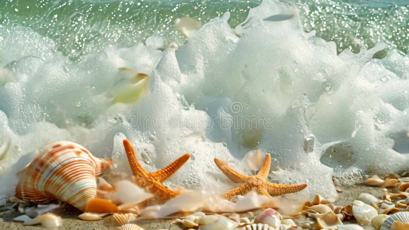 Two Starfish Lie beside a Sea Shell on the Sandy Shore of a Beach, Wave ...