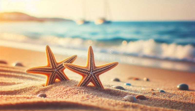 Two Starfish on Sand of Sea Beach Stock Illustration - Illustration of ...