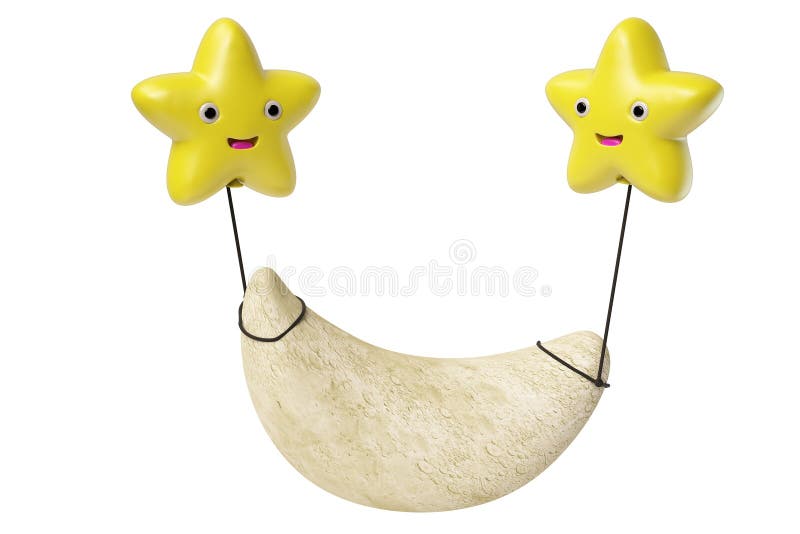 Two Stars Balloons Hanging on the Moon ,3D Illustration. Stock ...