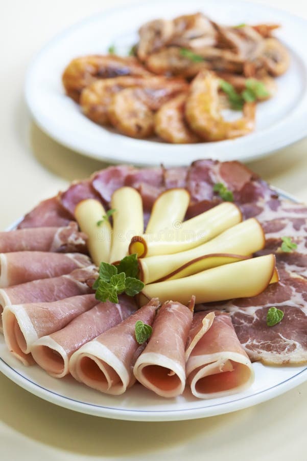 Two Starter Platters with Smoked Meat, Cheese and Shrimps Stock Photo ...