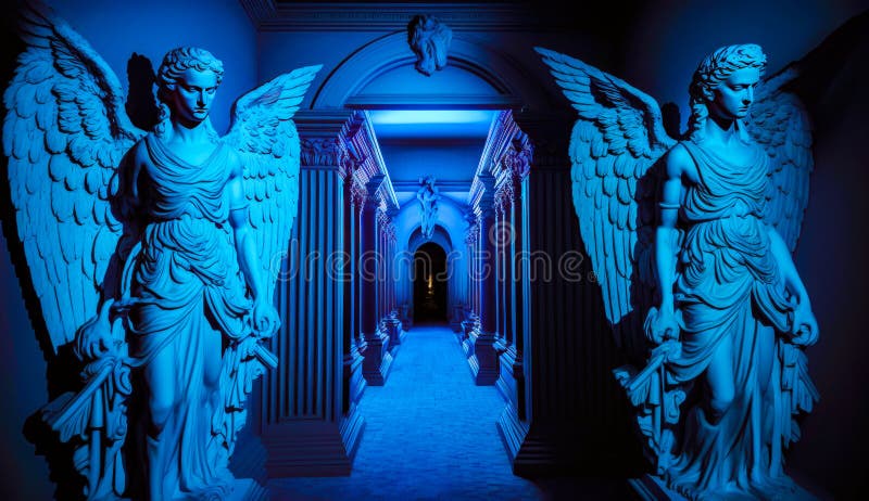 Two Statues of Angels in Hallway of Building. Generative AI Stock ...