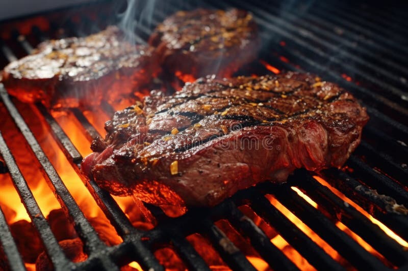 Two Steaks Cooking on a Grill with Flames. Perfect for BBQ or Cooking ...