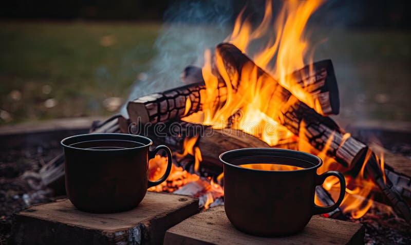 Two Steaming Coffee Mugs by a Cozy Fireplace Stock Illustration ...