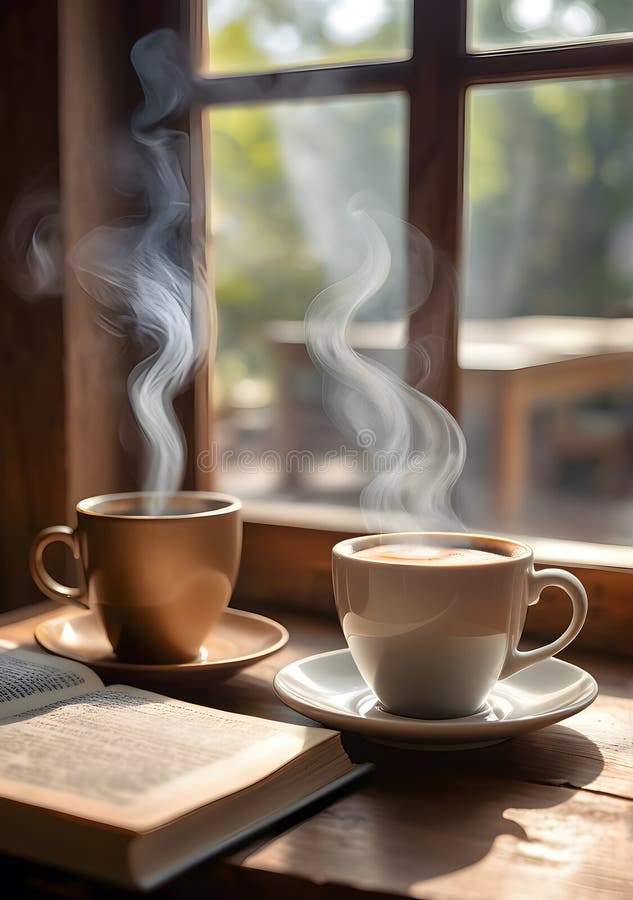 Two Steaming Cups of Coffee with Open Book by Sunny Window Stock ...