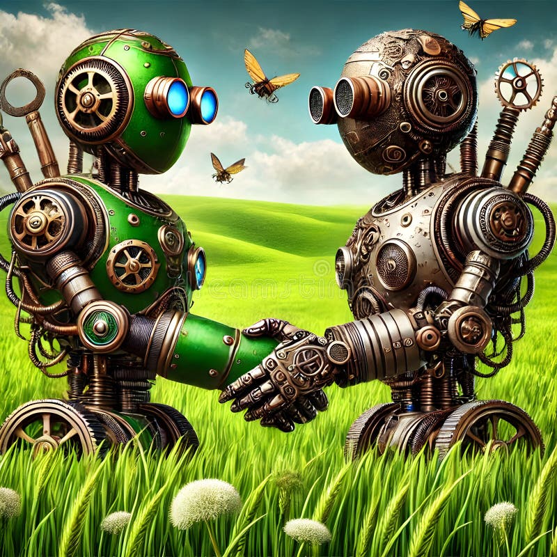 Two Steampunk Robots Shaking Hands in a Green Field with Butterflies ...
