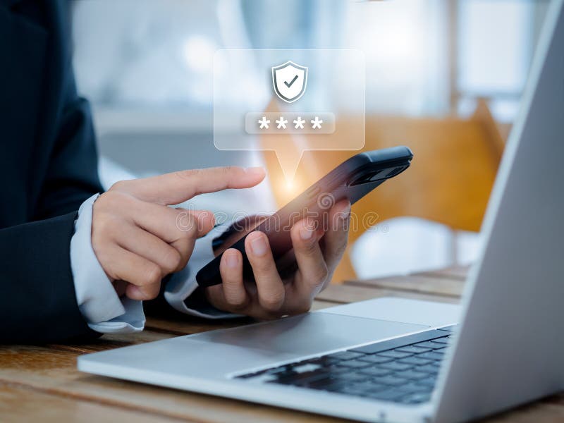 Two Steps Authentication Concept. Virtual Safety Shield Icon while ...