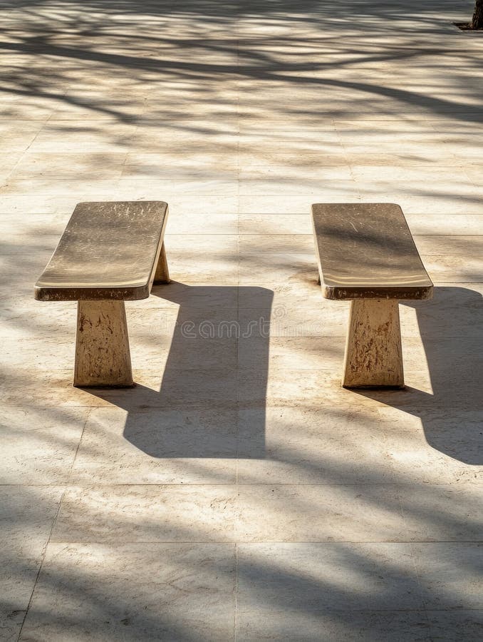 Two Stone Benches Casting Shadows on a Sunlit Pavement. Stock Image ...