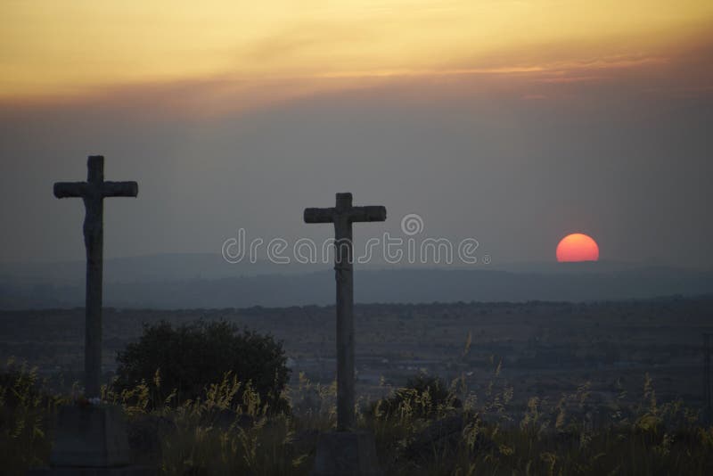 Two Crosses Looking at the Sunset Stock Photo - Image of faith ...