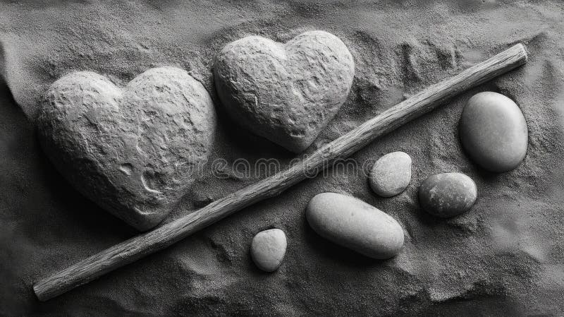 Two Stone Hearts Separated by a Line on Sand Stock Illustration ...