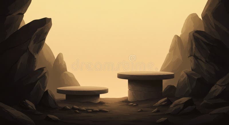 Two Stone Platforms in a Rocky Desert Landscape with Cliffs and ...