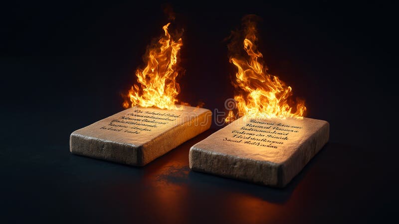 Two Stone Tablets with Burning Flames Featuring Engraved Text Symbolize ...