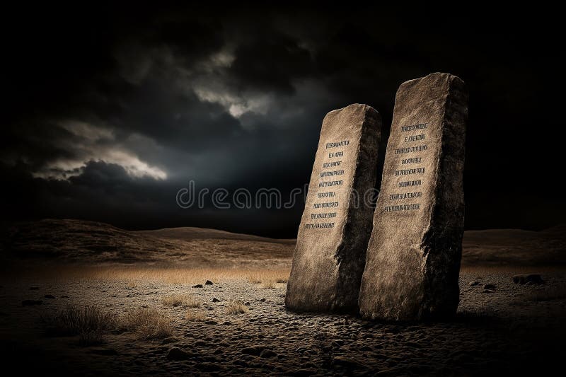 Two Stone Tablets with Inscriptions Stand in Desolate Landscape Under ...