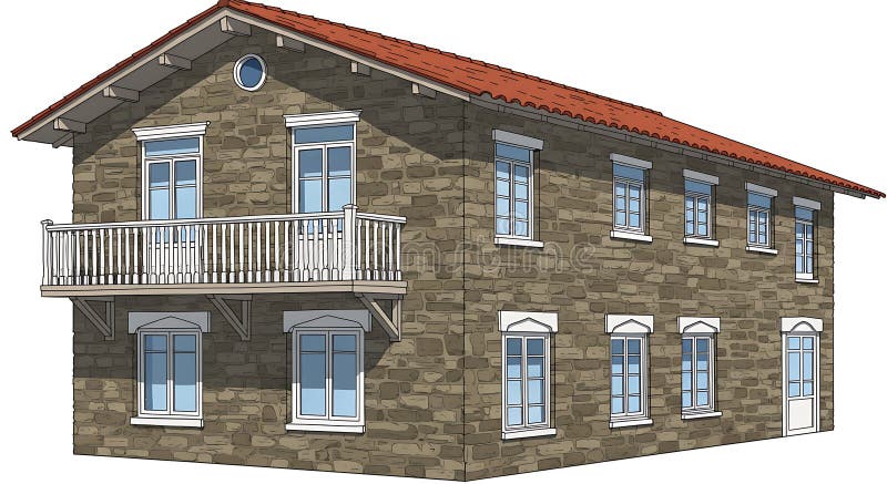 Two-story House with a Stone Facade and a Red-tiled Gable Roof ...