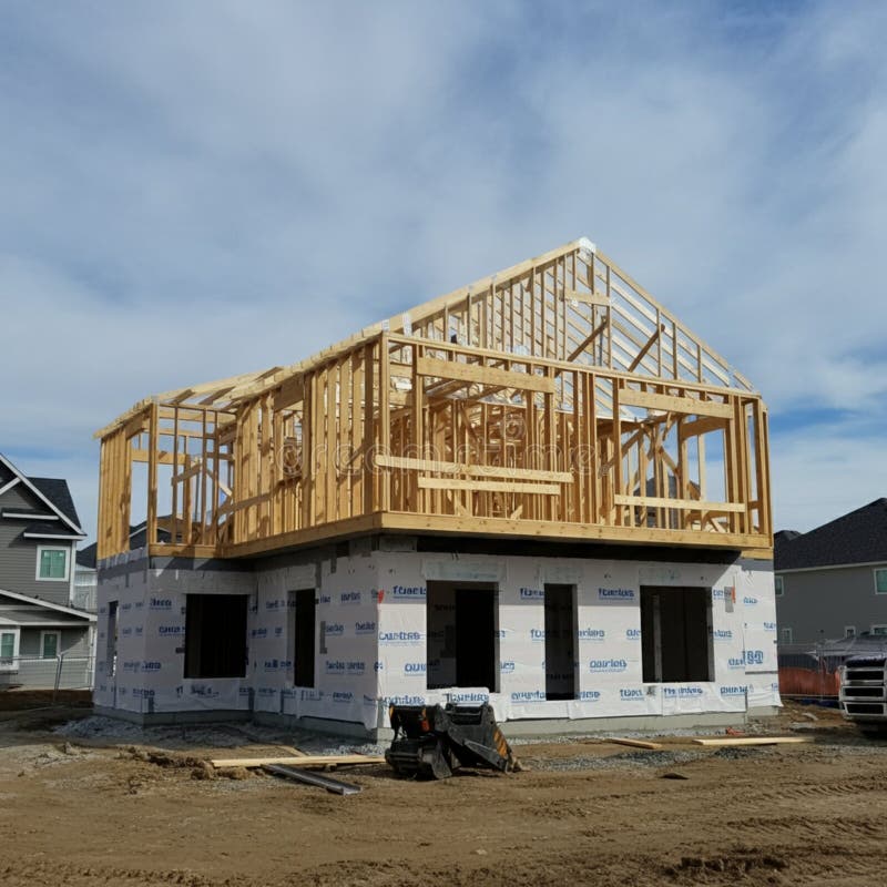 Two-story House Under Construction with Wooden Framework for the Upper ...