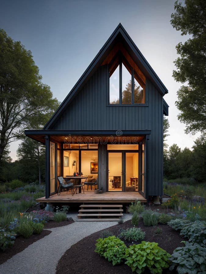 Two-story House or Villa in the Forest. at Sunset Stock Image - Image ...