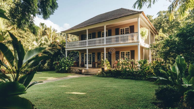 Two-Story House with White Columns and Balcony, Surrounded by Lush ...