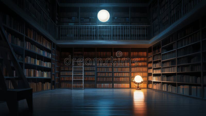 A Twostory Library with Rows of Bookshelves Illuminated by a Warm Glow ...