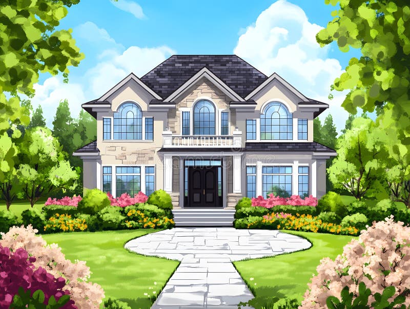 Two Story Luxury House with Nice Summer Landscape Stock Illustration ...