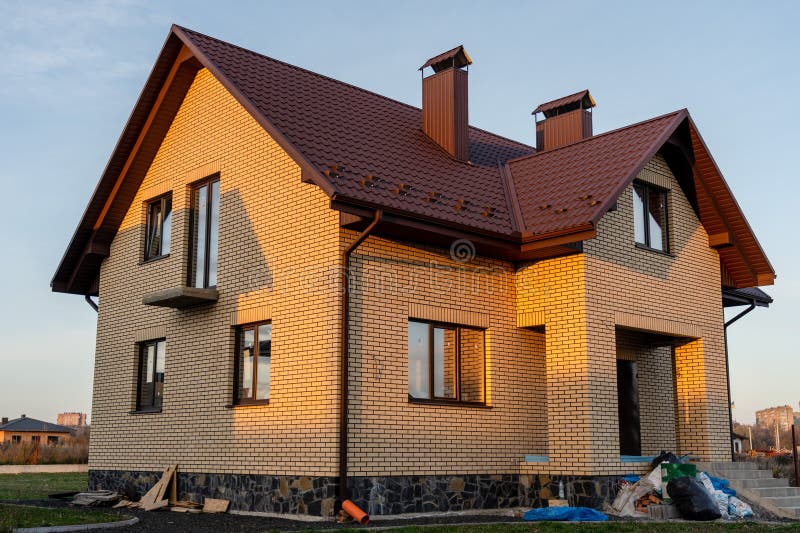 Two Story Residential Home on the Sunset Stock Photo - Image of yard ...