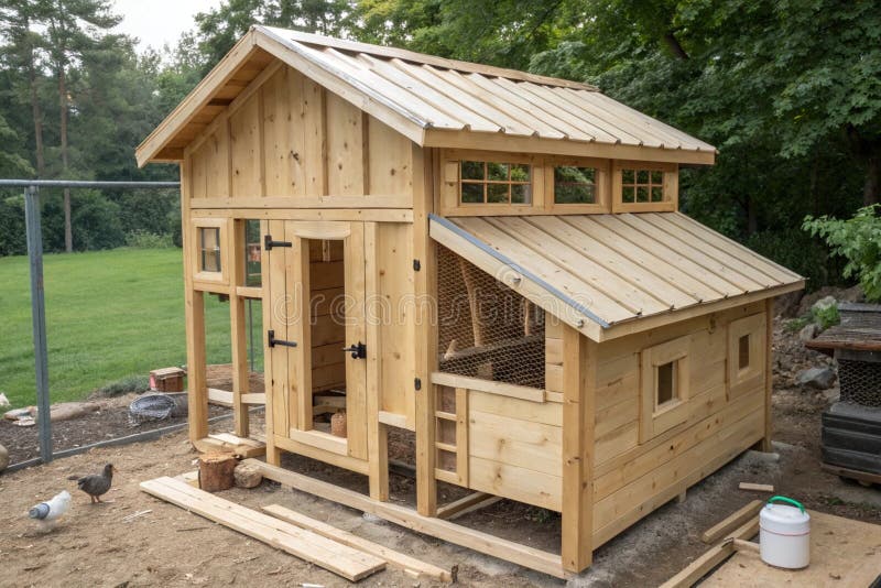 Two-story Backyard Chicken Coop with Slanted Roof and Secure Wooden Run ...