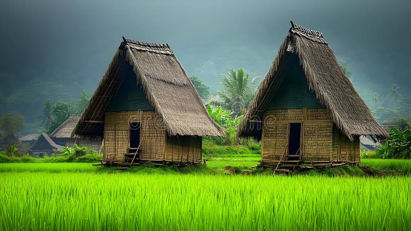 Two Straw Huts in Rice Paddy Field Stock Illustration - Illustration of ...