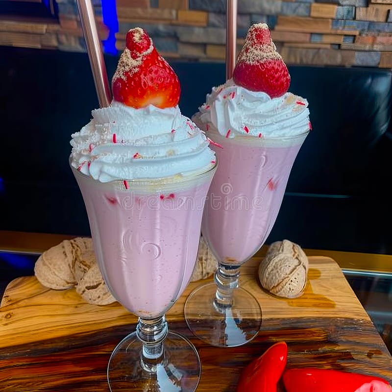 Two Strawberry Milkshakes with Whipped Cream and Chocolate Sauce Stock ...