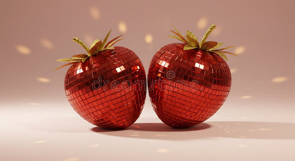 Two Strawberry-shaped Objects Designed As Disco Balls, Covered in Red ...