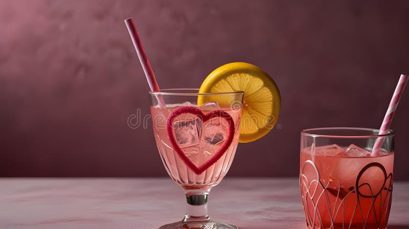 Two Straws Forming a Heart in a Single Glass of Pink Lemonade Stock ...