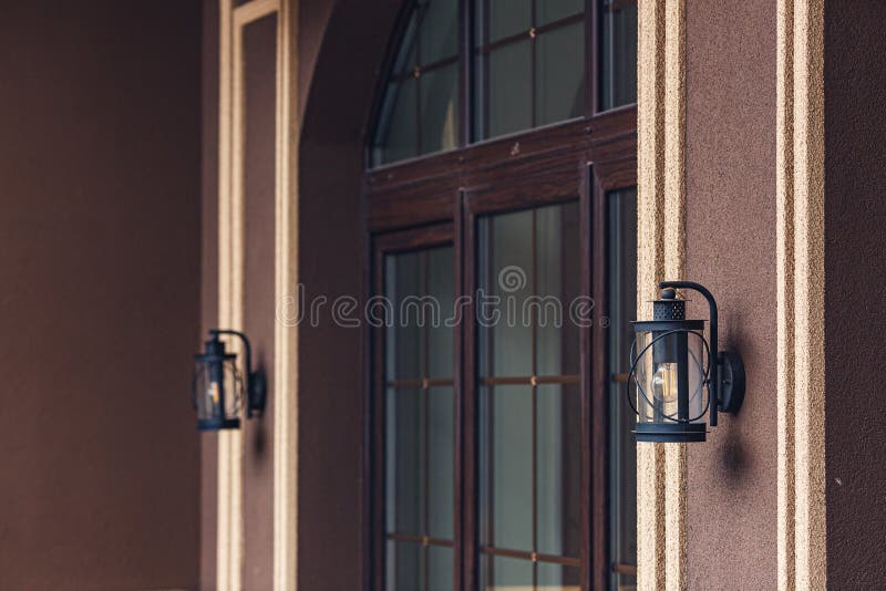 Two Street Lamps with LED Light Bulb on the Wall of the House. Stock ...