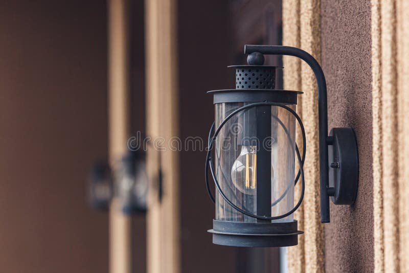 Two Street Lamps with LED Light Bulb on the Wall of the House. Stock ...