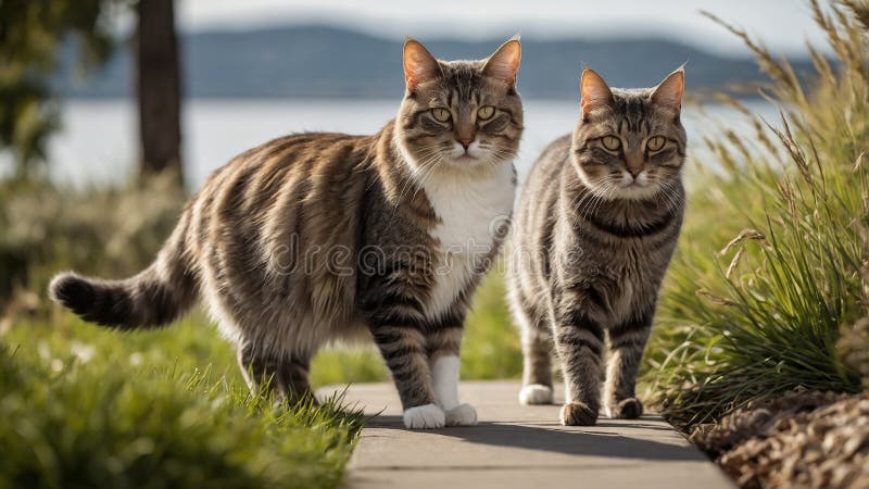 Two Striped Cats Walking on a Path with a Scenic Background View in ...
