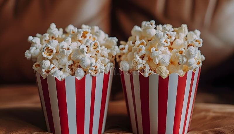 Two Striped Popcorn Buckets on Table, a Staple Food for Events Stock ...