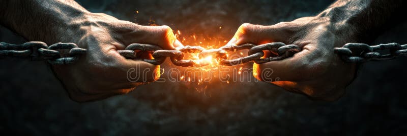 Two Hands Breaking a Chain with Sparks Flying in a Dramatic, Shadowy ...